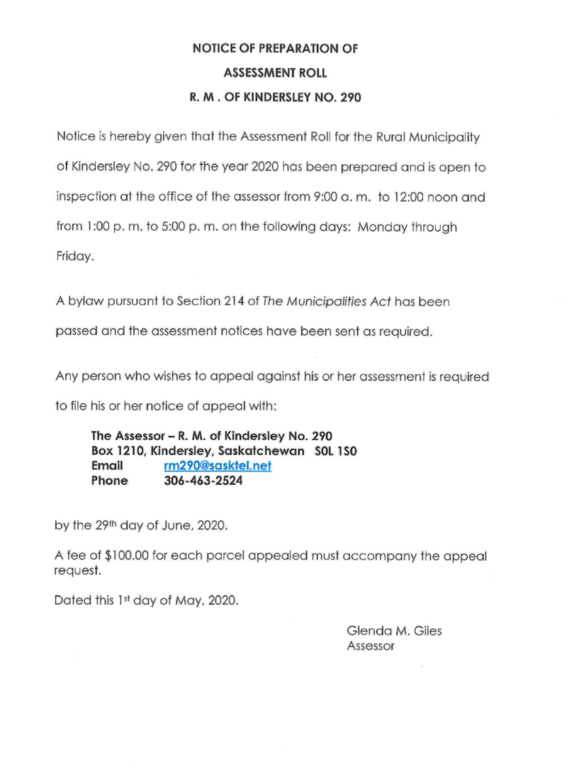 Notice of Preparation of Assessment Roll – RM #290